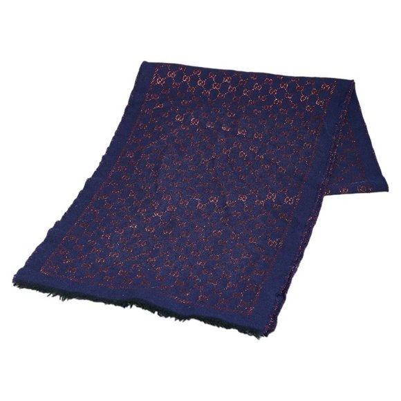 Gucci | Accessories | Gucci Gg Pattern Lame Scarf Navy Red Wool Silk ...